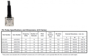 | PA Probe Specifications and Dimensions (A10 Series)